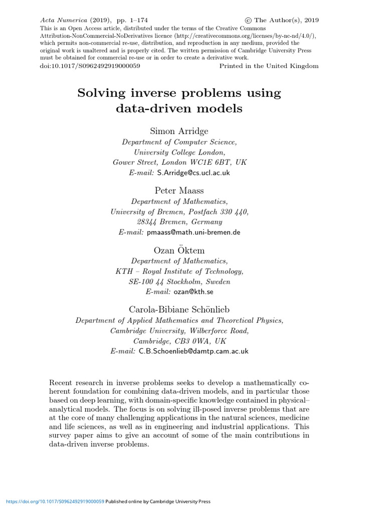 Solving Inverse Problems Using Datadriven Models Pdf Inverse Problem Bayesian Inference