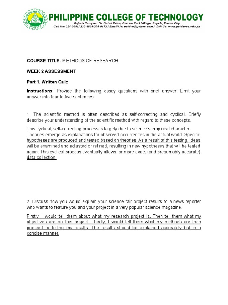 Methods of Research Week 2 Assessment | PDF | Scientific Method ...