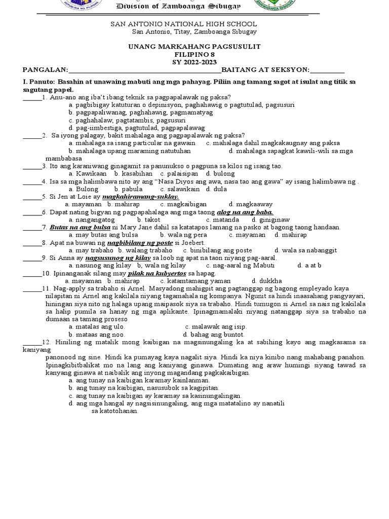 1st QUARTER EXAM-FILIPINO | PDF