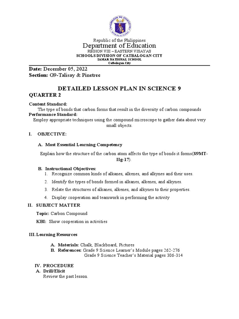 Carbon Compounds Lesson Plan for Grade 9 | PDF | Hydrocarbons | Alkane