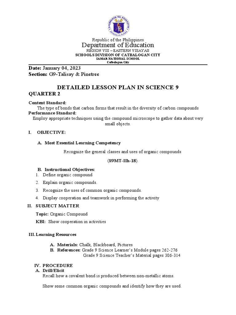 Lesson Plan: Organic Compounds for Grade 9 | PDF | Ethanol | Chemical ...