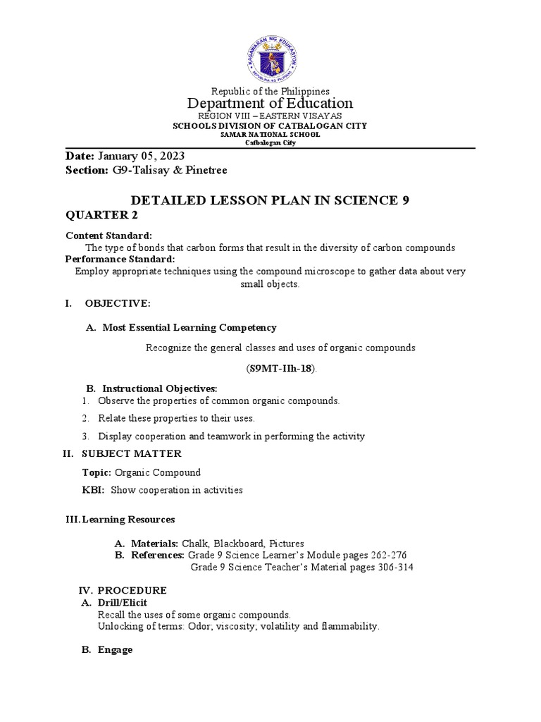 Lesson Plan in Jan. 05 Organic Compounds Grade 9 | PDF | Oil | Kerosene