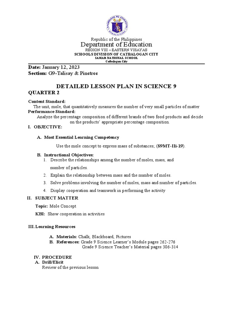 Science 9 Lesson Plan: Mole Concept | PDF