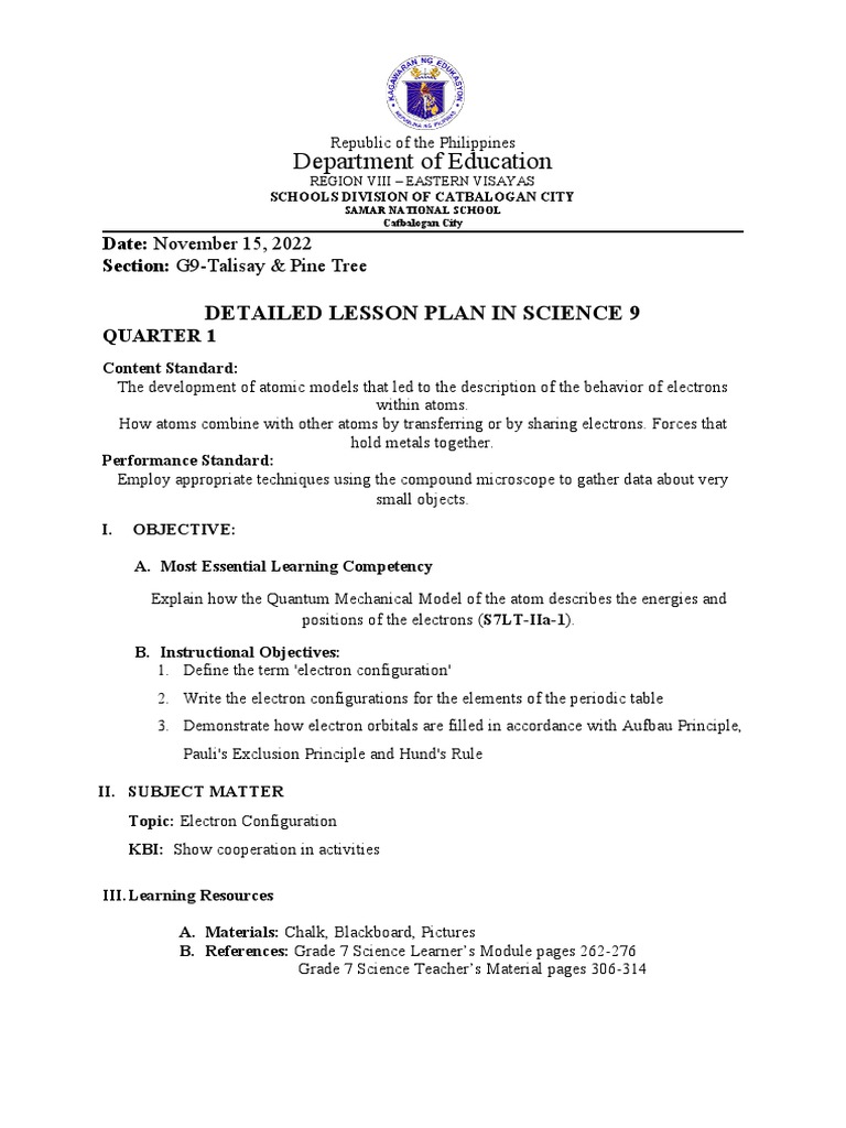 Lesson Plan in Nov. 15 Electronic Structure Grade 9 | PDF | Electron ...