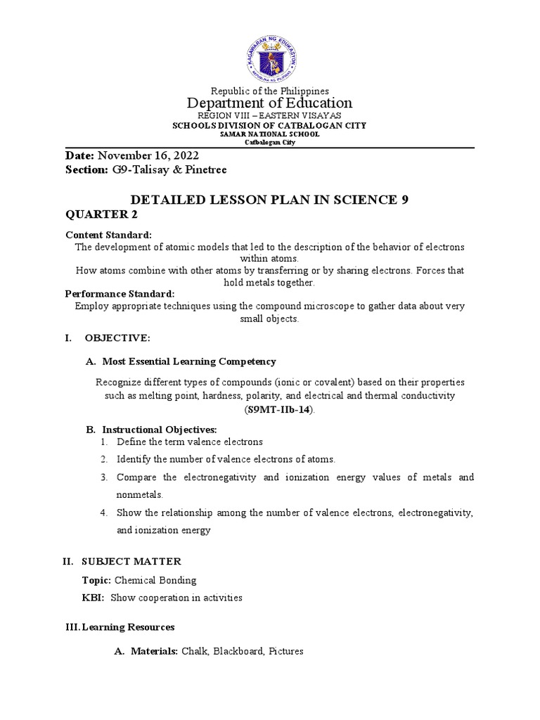 Grade 9 Chemical Bonding Lesson Plan | PDF | Chemical Bond | Chemical ...
