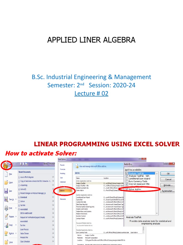 Lecture # Lab-Graphical Methods (Excel) | PDF | Linear Programming | Equations