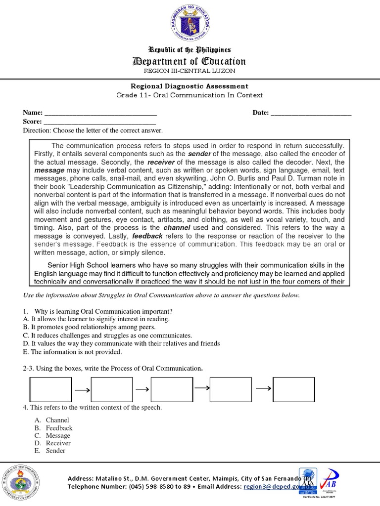 Diagnostic Assessment Tool in English - Grade 11 - Oral Communication ...
