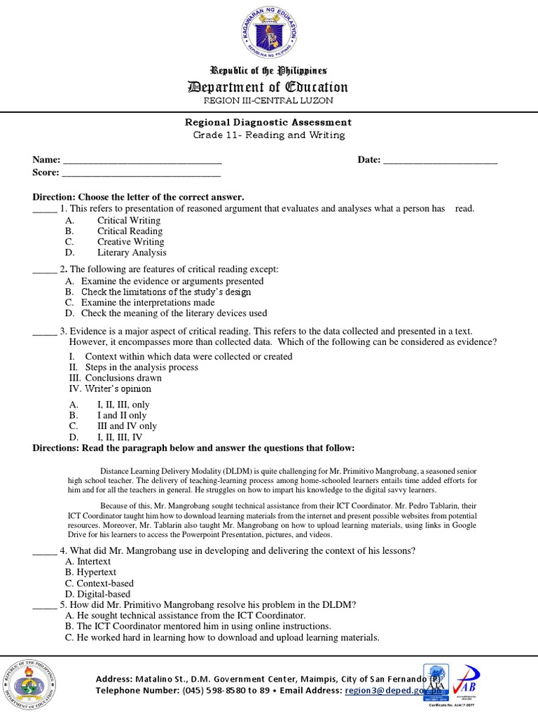 Grade 11 Reading and Writing Assessment | PDF | Educational Technology ...