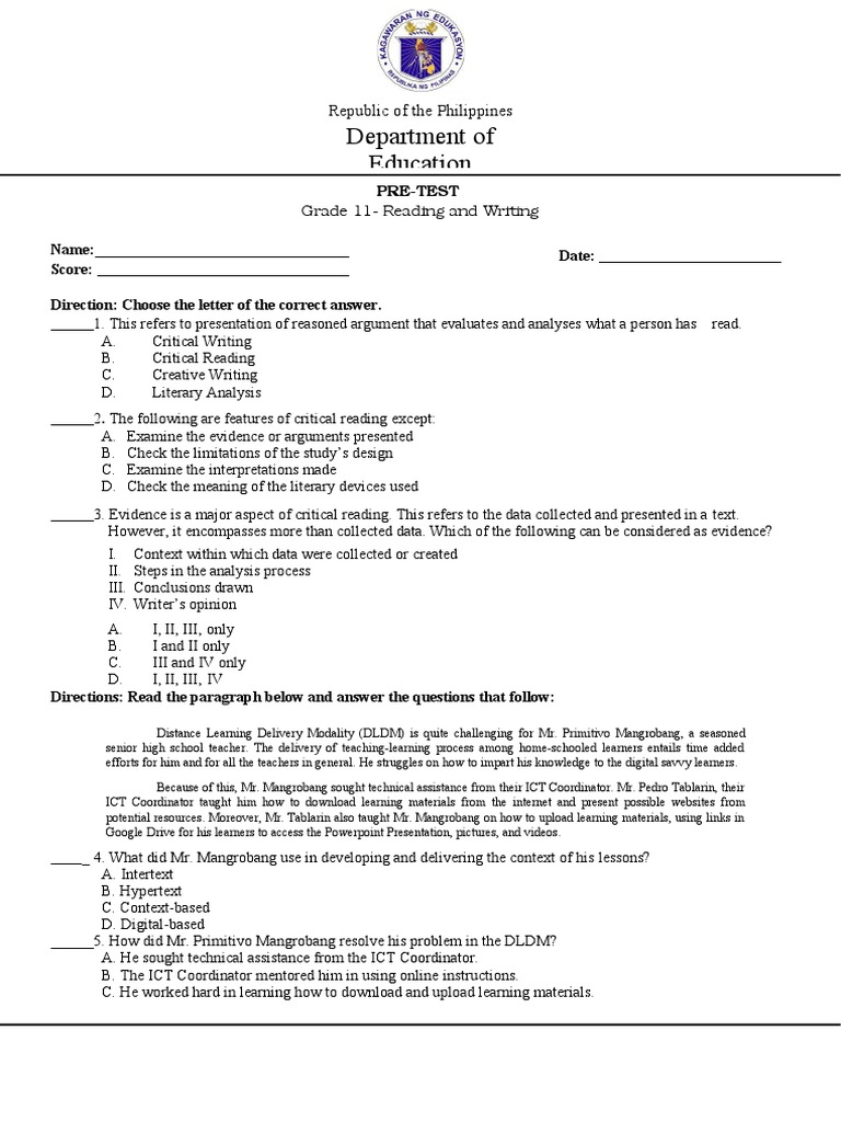 Pre-Test - Reading | PDF | Educational Technology | Essays