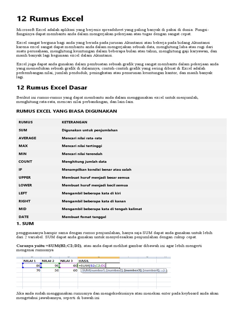 12 Rumus Excel Dasar Dan Contohnya | PDF | Metode & Bahan Ajar