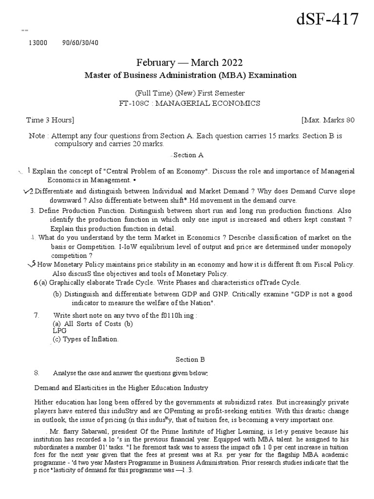 MBA Managerial Economics Exam Paper | PDF | Business