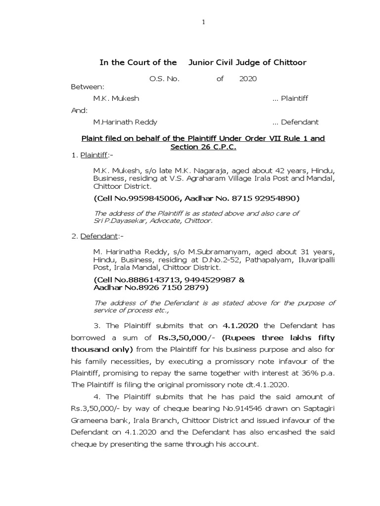 Plaint (Mukesh (Harinath (Money) | PDF | Lawsuit | Promissory Note