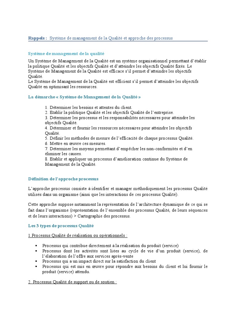 Annexe 1 Rappels Approche Processus | PDF | Système de management de la ...