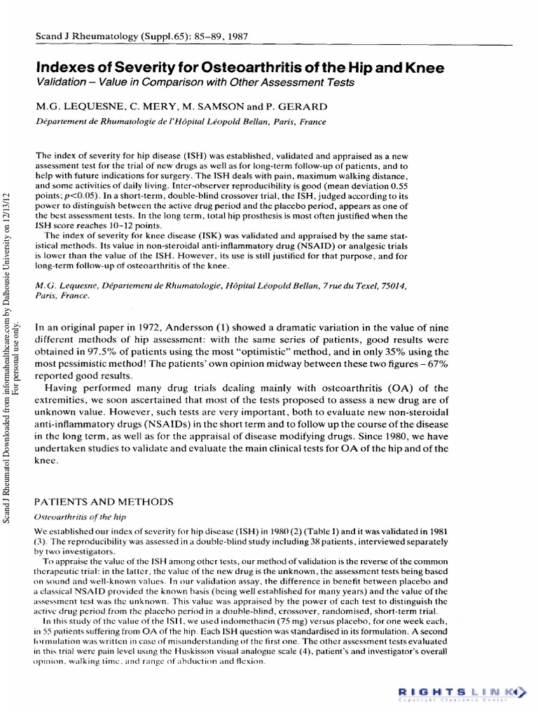 Index LEQUESNE Indexes of Severity For Osteoarthritis of The Hip and ...