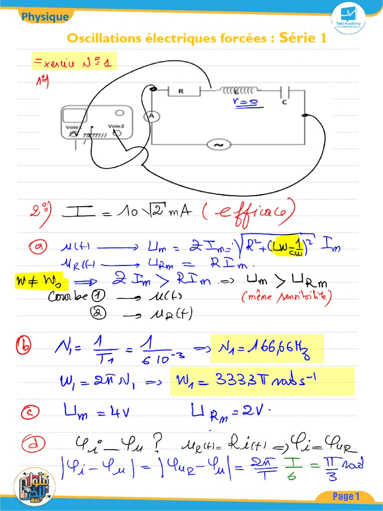 63b6e2bc7b01a Corrigé SC Oscillations Électriques Forcées Série 1 2023 | PDF