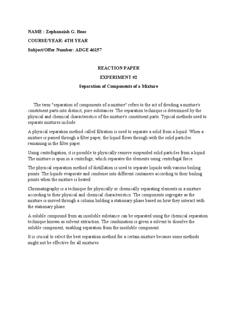 Separation of Components of A Mixture Reaction Paper | PDF | Career & Growth | Wellness