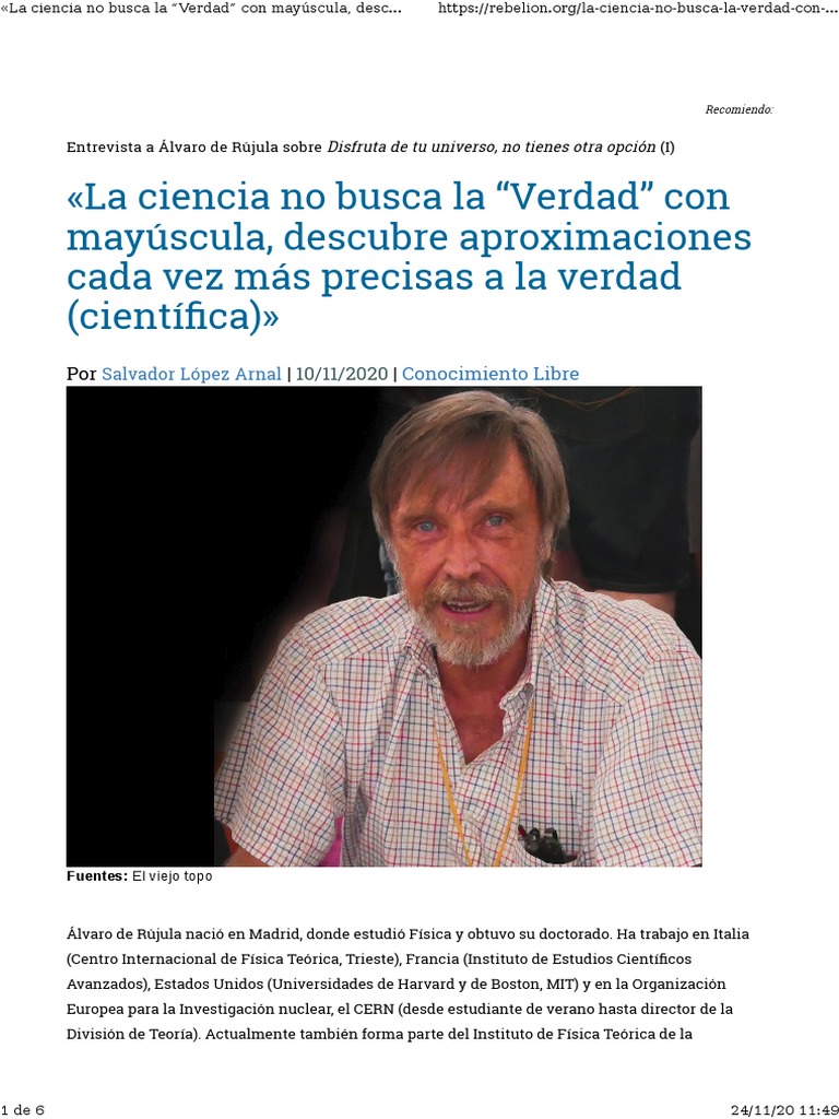 Entrevista a Álvaro de Rújula sobre ciencia | PDF | Verdad | Universo