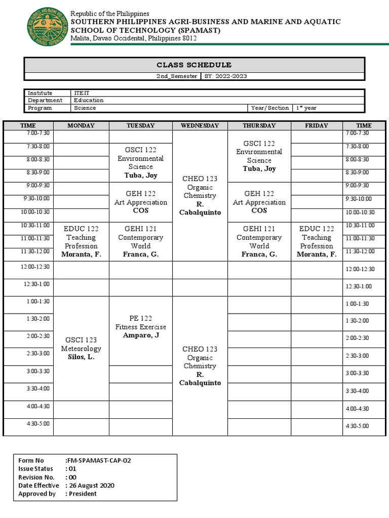 2023 C 2nd Sem Class Schedule For Science | PDF | Physical Sciences | Cognition