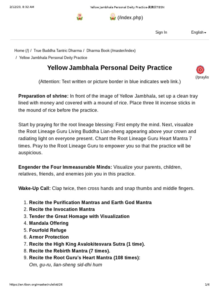 Yellow Jambhala Personal Deity Practice-真佛宗TBSN | PDF | Mantra | Buddhist Practices