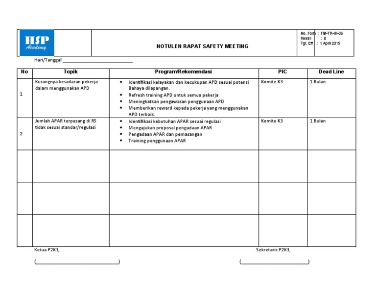Form 03 Notulen Rapat P2K3 | PDF