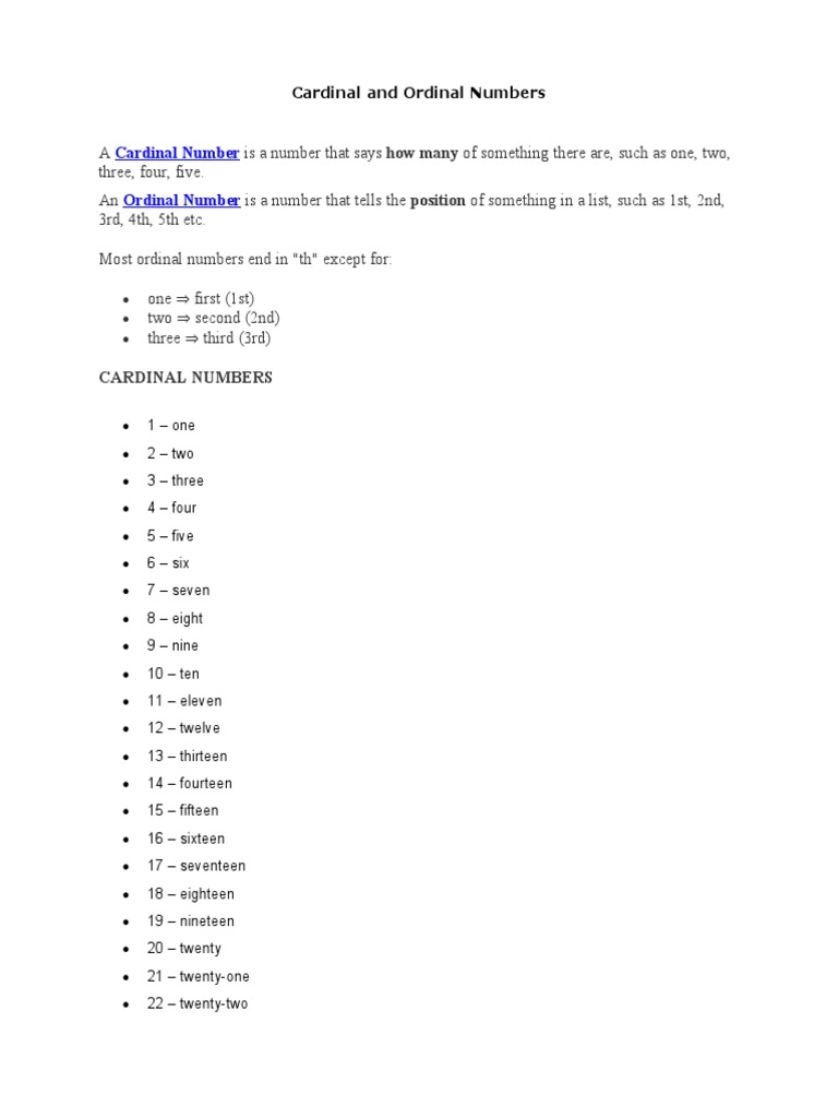 Cardinal Numbers 1 To 100 | PDF | Numbers | Mathematical Concepts