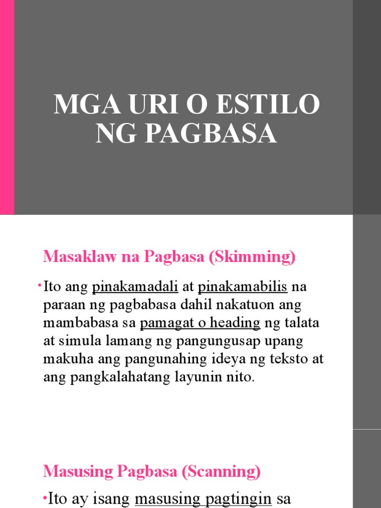 Mga Uri o Estilo NG Pagbasa | PDF