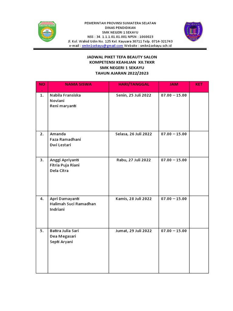 Jadwal Petugas Piket Tefa Beauty Salon Xii | PDF