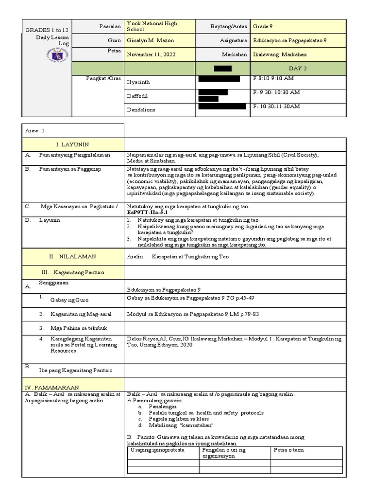 Q2 ESP 9 Day 1-Karapatan at Tungkulin NG Tao | PDF