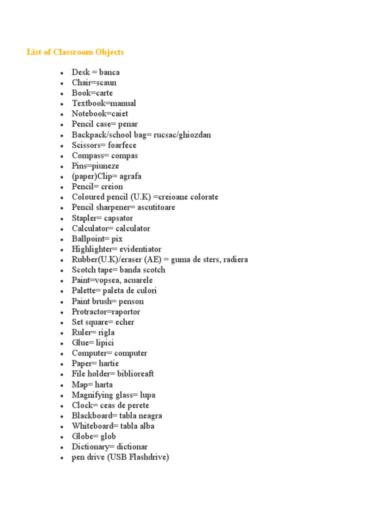 Classroom Objects and Equipment List | PDF