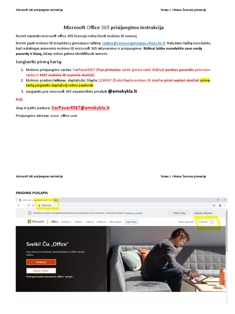 Microsoft Office 365 Prisijungimo Instrukcija Mokiniui 1 | PDF