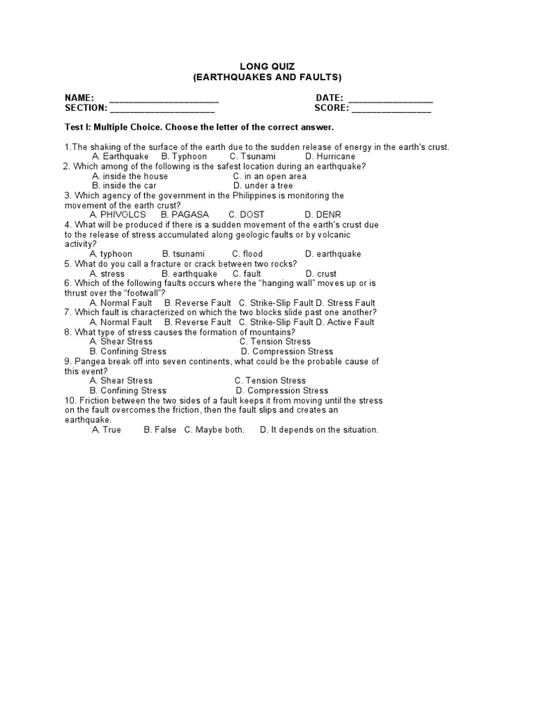 Long Quiz EARTHQUAKE 22 | PDF