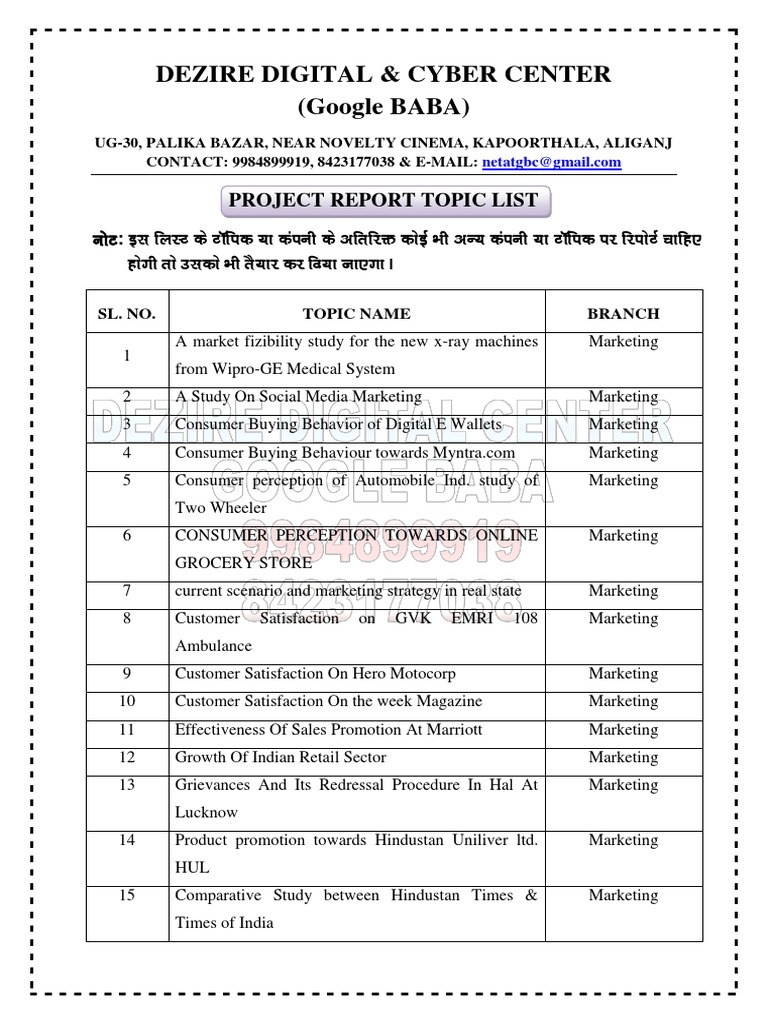 Marketing Project Topics Guide | PDF | Marketing | Consumer Behaviour