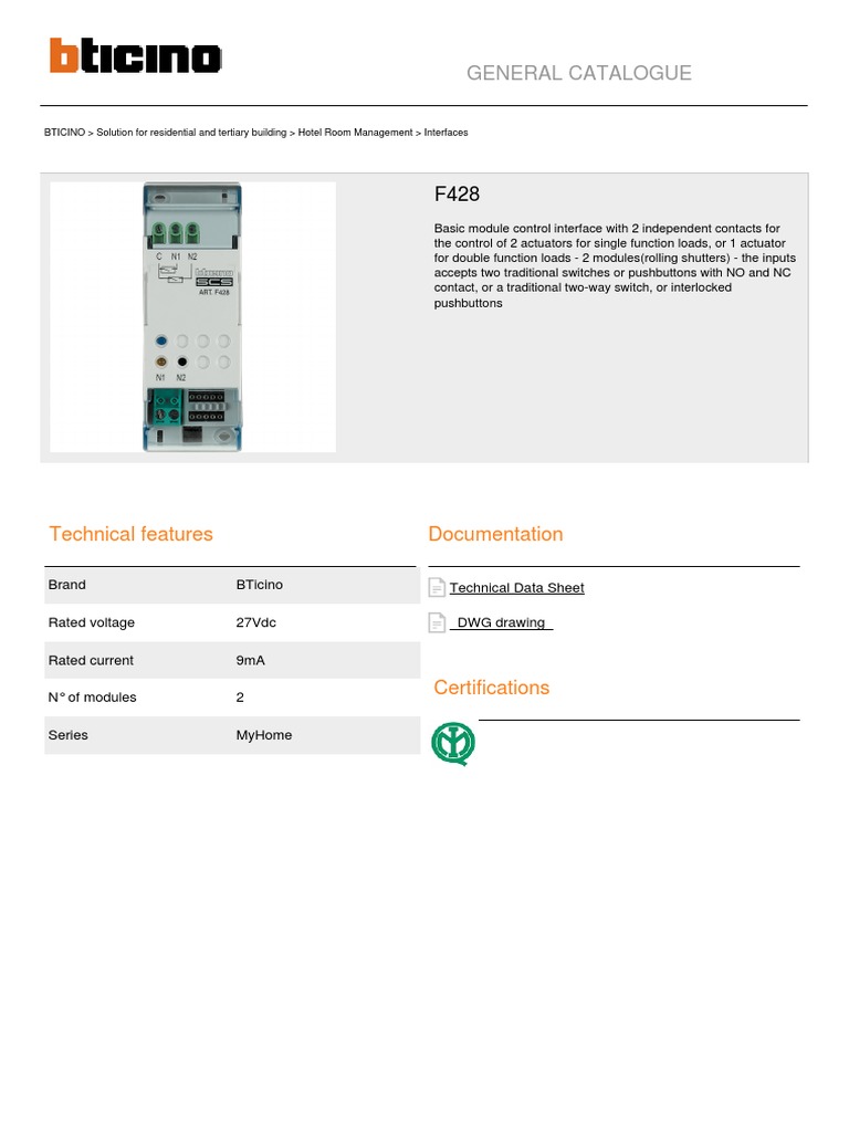 BTicino BTI-F428 | PDF | Electronics | Manufactured Goods