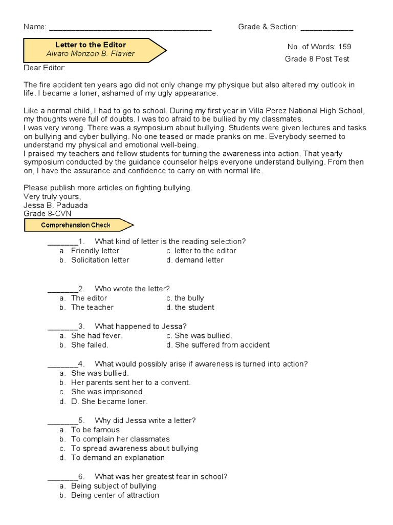 Grade 8 English Post Test | PDF