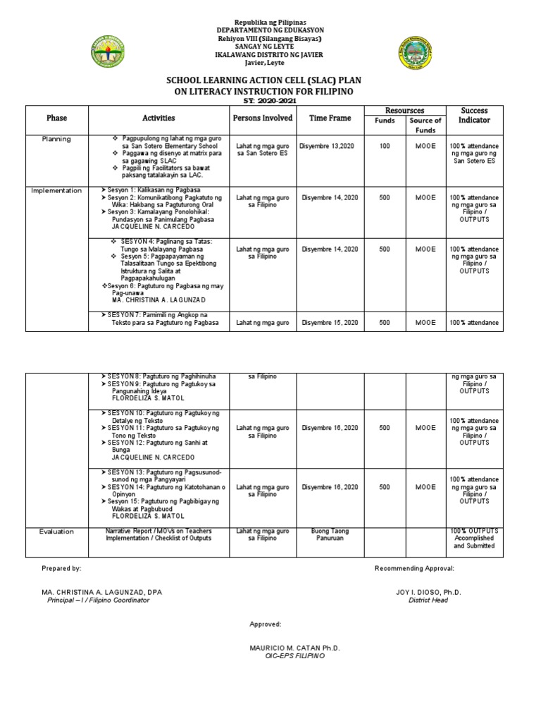Slac Plan - Literacy Instruction in Filipino | PDF