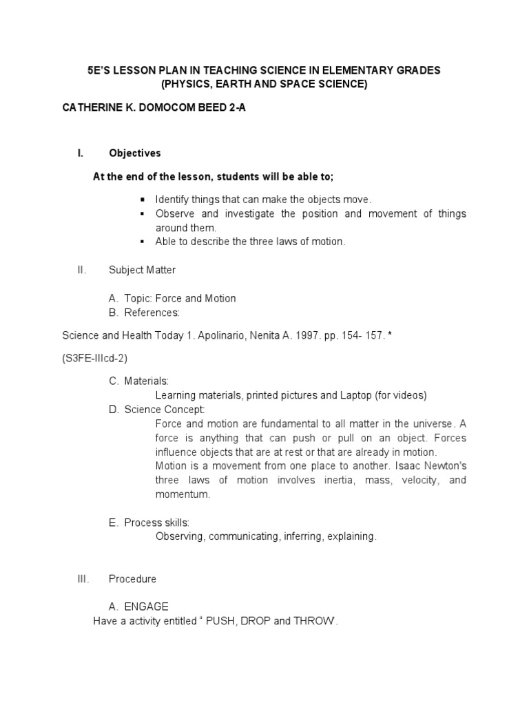 5e's Lesson Plan in Science | PDF | Force | Newton's Laws Of Motion