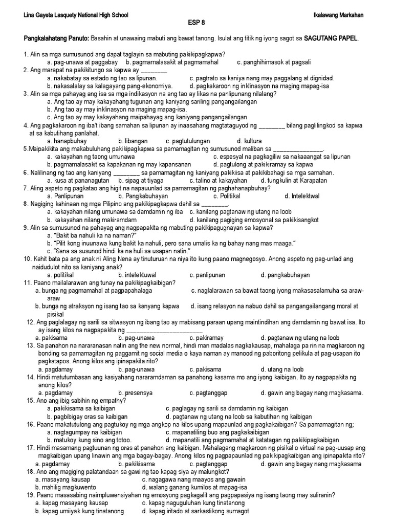 ESP - 8 Long Quiz | PDF