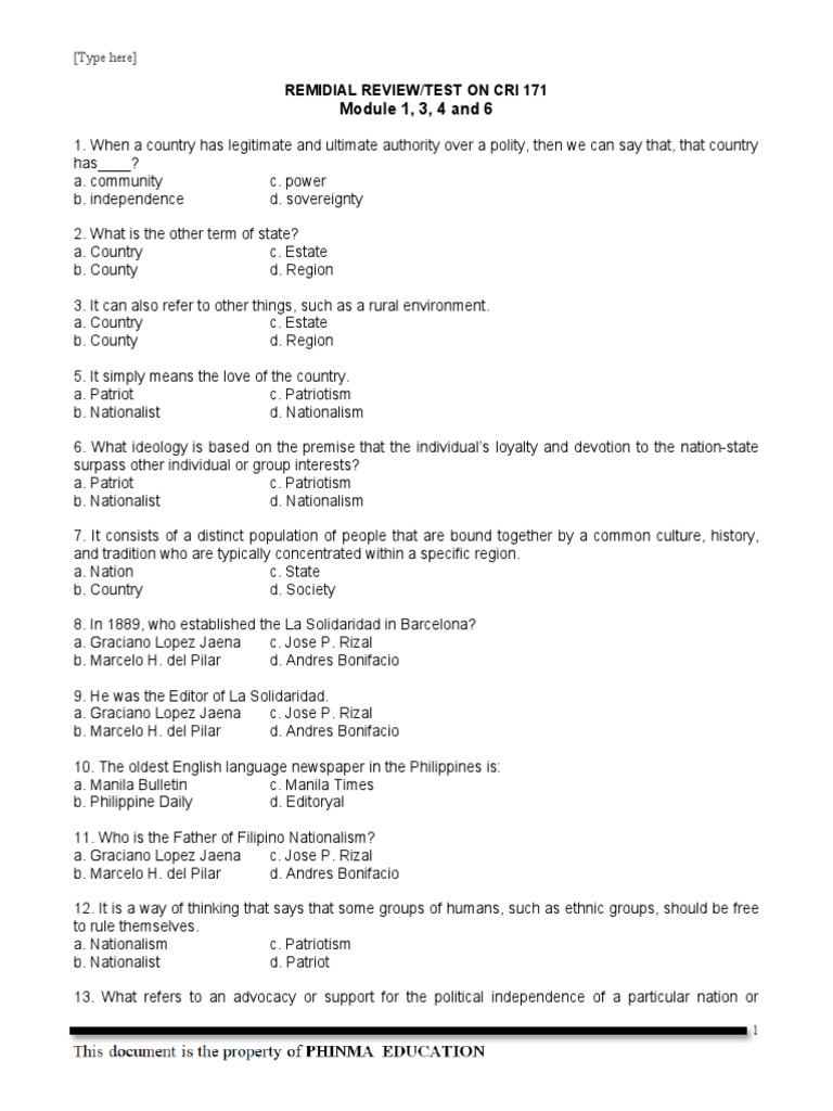 Remedial Review Exam in 171 | PDF | Philippines | Nationalism