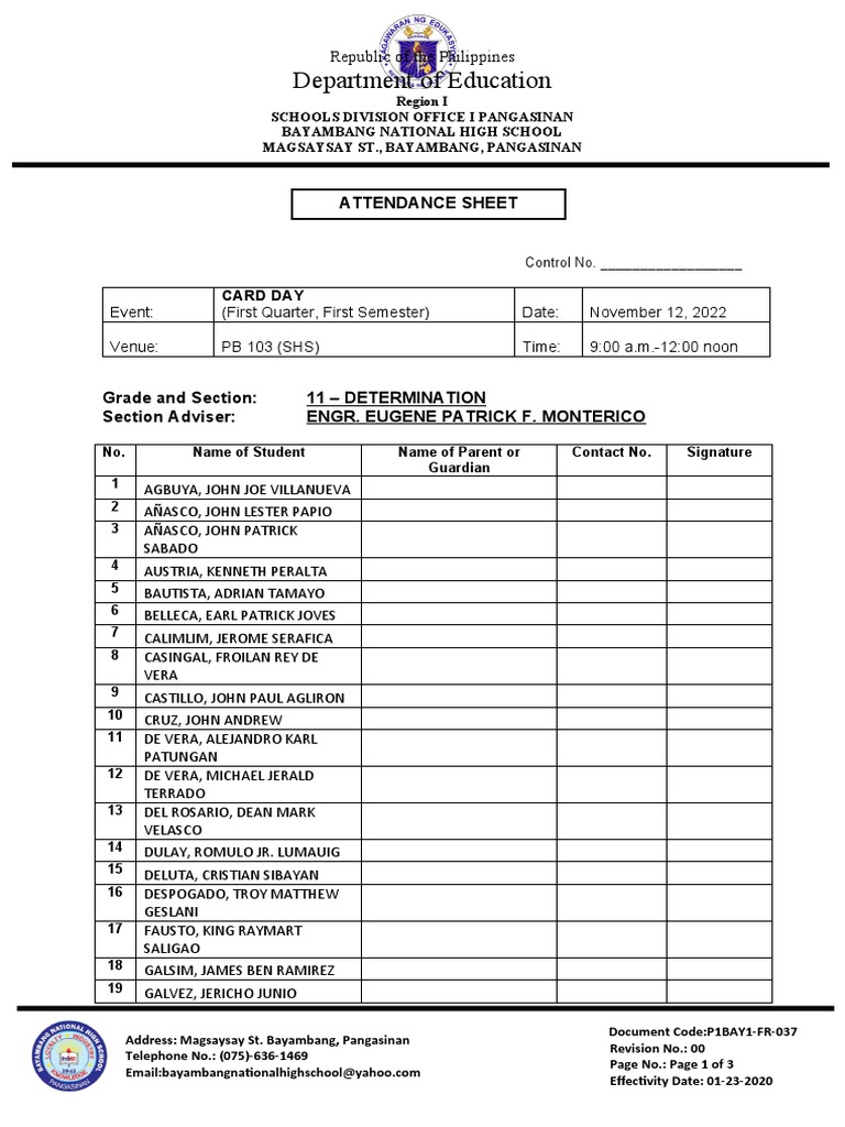 CARD DAY Attendance Sheet | PDF