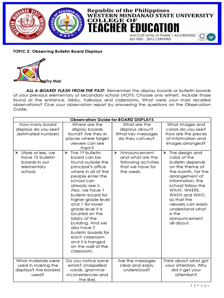 TOPIC 2 Observing Bulletin Board Displays | PDF | Classroom | Learning