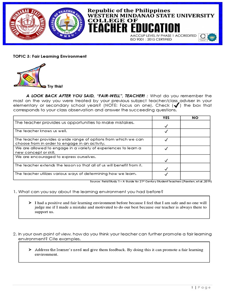 TOPIC 3 Fair Learning Environment | PDF | Teachers | Learning