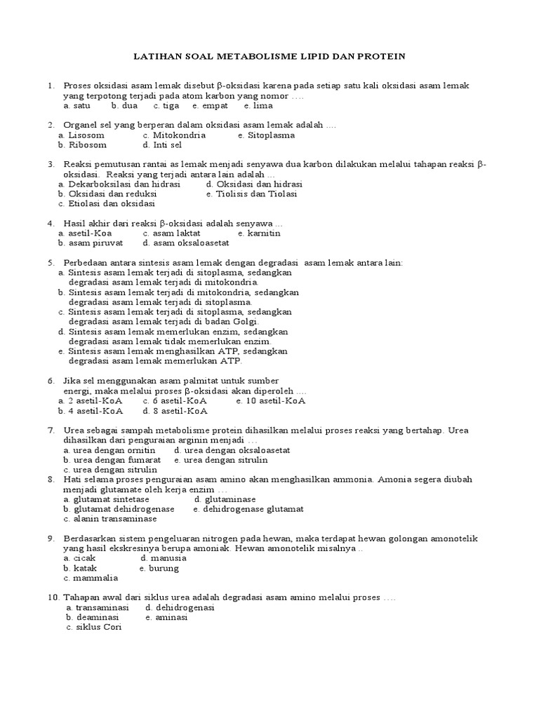 Latihan Soal Metabolisme Lipid Dan Protein | PDF