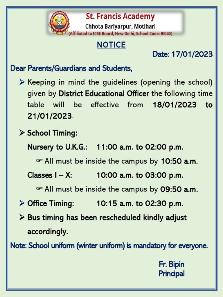 Notice To Students & Parents (School Timing) | PDF
