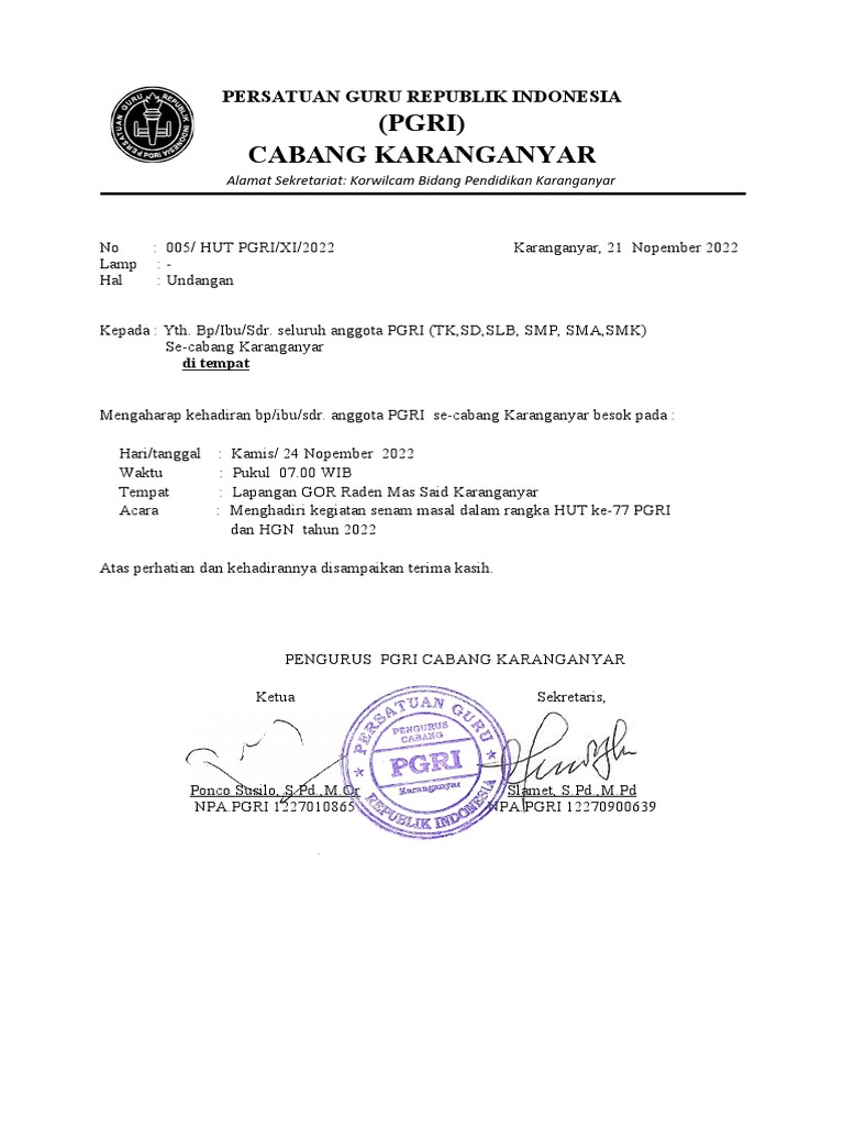 Undangan Senam HUT PGRI Karanganyar | PDF