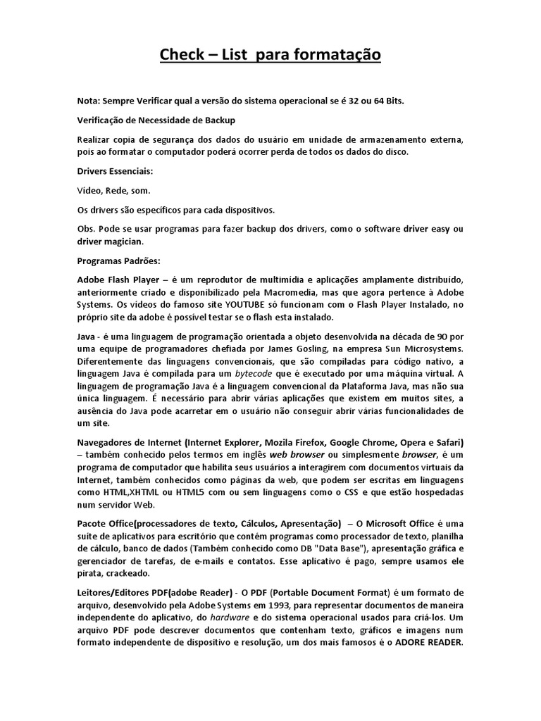 Checklist completo para formatação e instalação de programas em ...