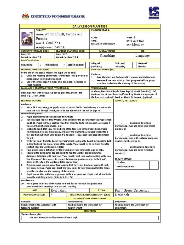 BI Y6 LP TS25 (Unit 4 - Cool Jobs - LP 49-64) | PDF | Lesson Plan ...