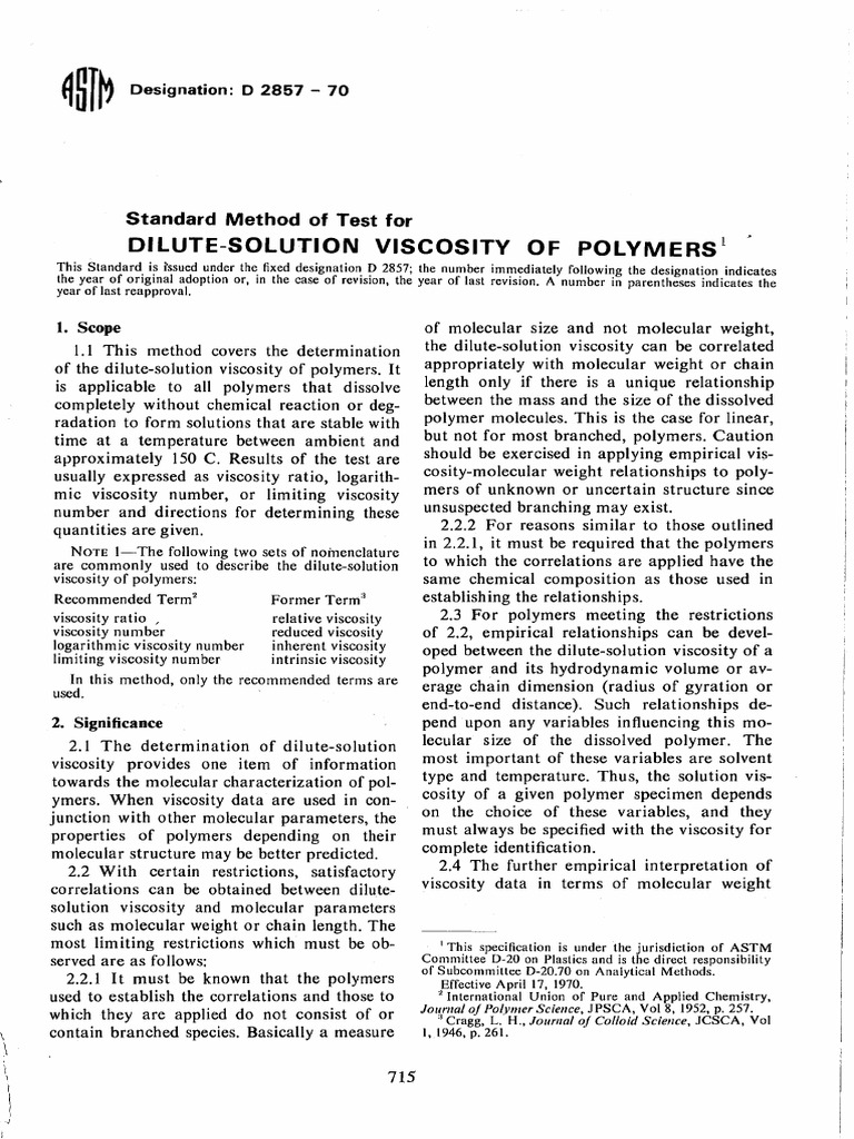 ASTM D2857 1970 (E) Dilute Solution Viscosity of Polymers | PDF