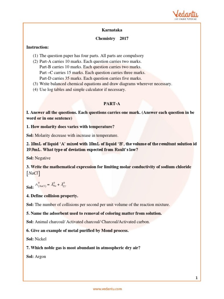 Karnataka PUC Board (KSEEB) Chemistry Class 12 Question Paper 2017 ...