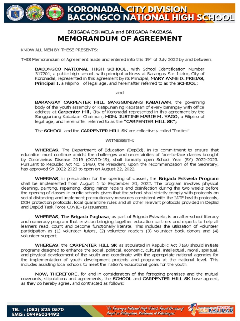 Brigada Pagbasa MOA With SK Carpenter Hill | PDF | Volunteering | Literacy