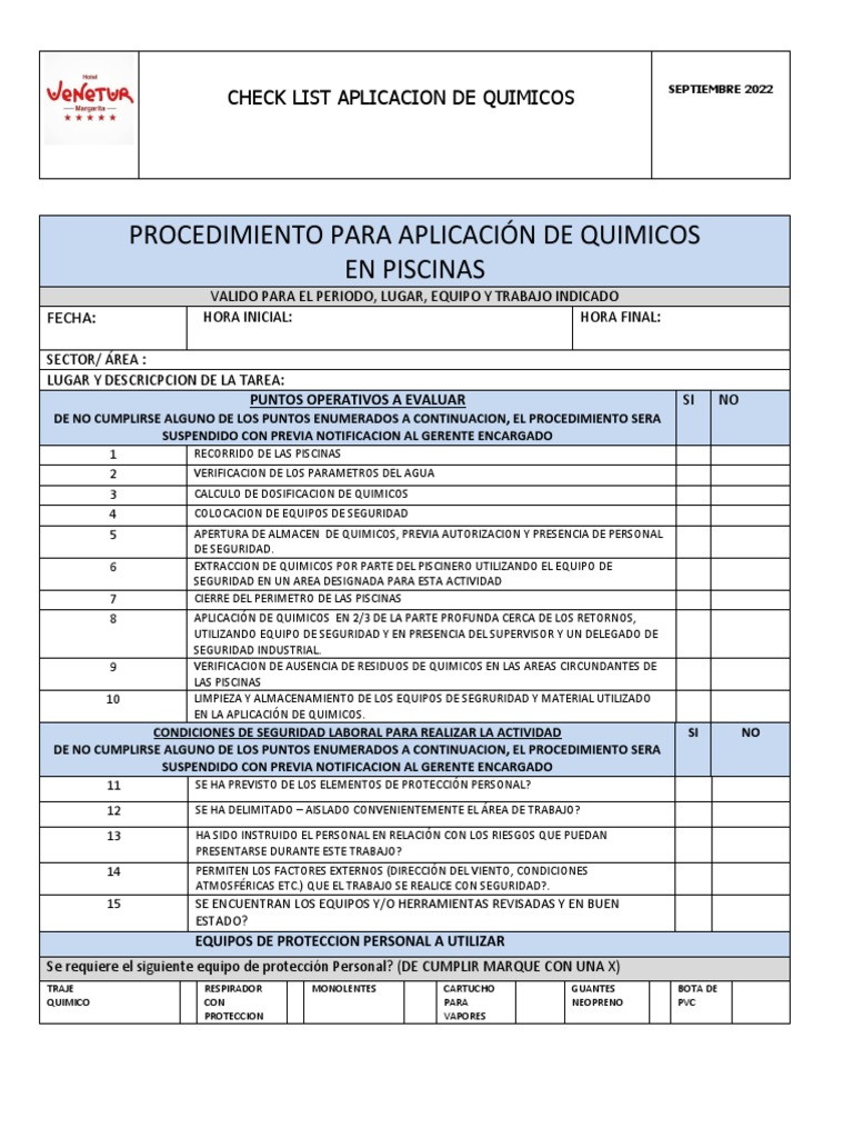 Check List Aplicacion de Quimicos de Piscina | PDF
